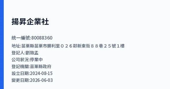 揚昇企業社的照片-統編 80088360(苗栗縣) 公司登記資料與營業項目詳細圖表