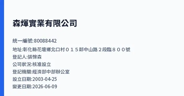 森煇實業有限公司的照片-統編 80088442(彰化縣) 公司登記資料與營業項目詳細圖表
