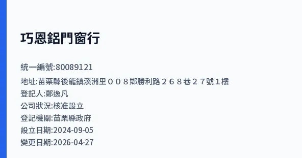 巧恩鋁門窗行的照片-統編 80089121(苗栗縣) 公司登記資料與營業項目詳細圖表