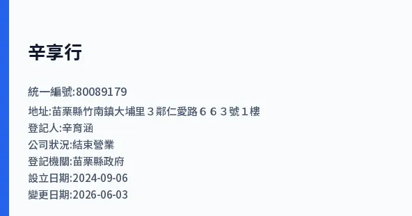辛享行的照片-統編 80089179(苗栗縣) 公司登記資料與營業項目詳細圖表