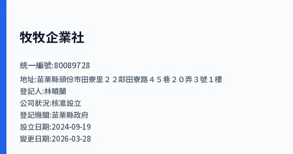 牧牧企業社的照片-統編 80089728(苗栗縣) 公司登記資料與營業項目詳細圖表
