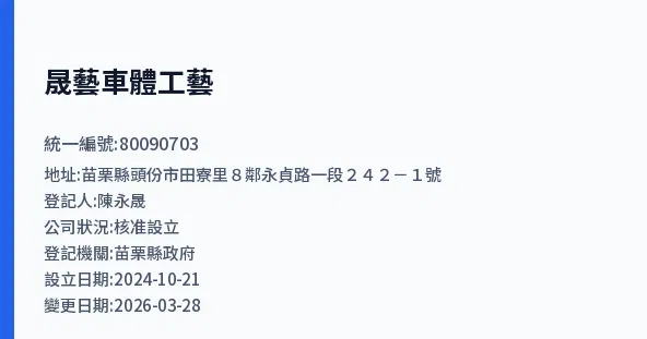 晟藝車體工藝的照片-統編 80090703(苗栗縣) 公司登記資料與營業項目詳細圖表