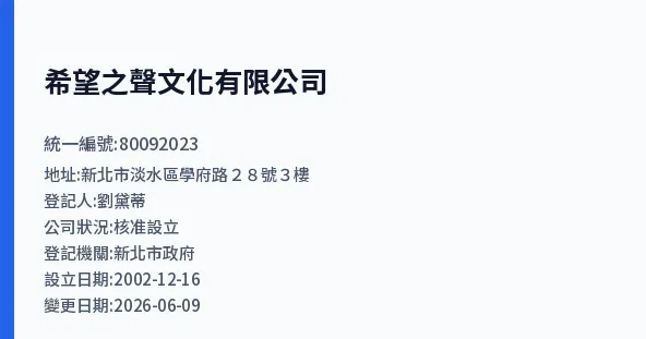 希望之聲文化有限公司的照片-統編 80092023(新北市) 公司登記資料與營業項目詳細圖表