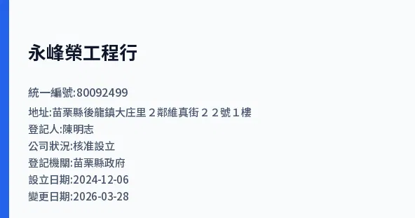 永峰榮工程行的照片-統編 80092499(苗栗縣) 公司登記資料與營業項目詳細圖表