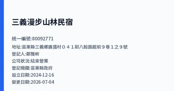 三義漫步山林民宿的照片-統編 80092771(苗栗縣) 公司登記資料與營業項目詳細圖表