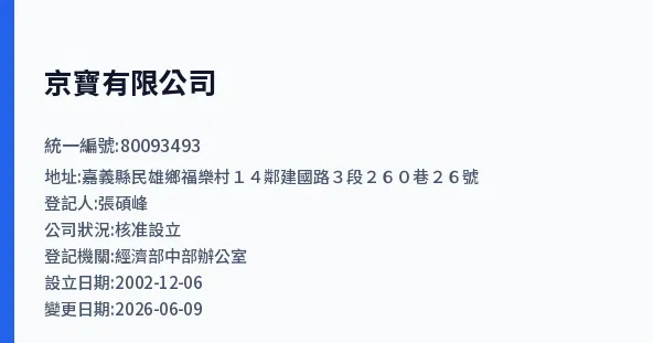 京寶有限公司的照片-統編 80093493(嘉義縣) 公司登記資料與營業項目詳細圖表