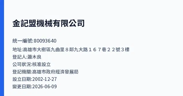 金記盟機械有限公司的照片-統編 80093640(高雄市) 公司登記資料與營業項目詳細圖表
