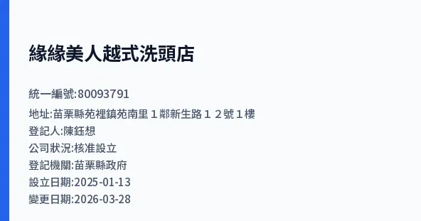 緣緣美人越式洗頭店的照片-統編 80093791(苗栗縣) 公司登記資料與營業項目詳細圖表