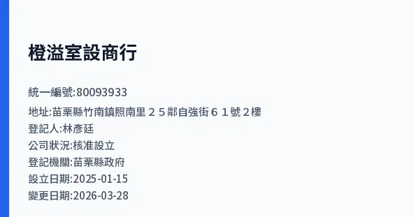 橙溢室設商行的照片-統編 80093933(苗栗縣) 公司登記資料與營業項目詳細圖表