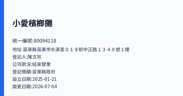 小愛檳榔攤的照片-統編 80094118(苗栗縣) 公司登記資料與營業項目詳細圖表