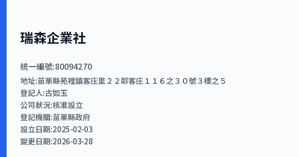 瑞森企業社的照片-統編 80094270(苗栗縣) 公司登記資料與營業項目詳細圖表