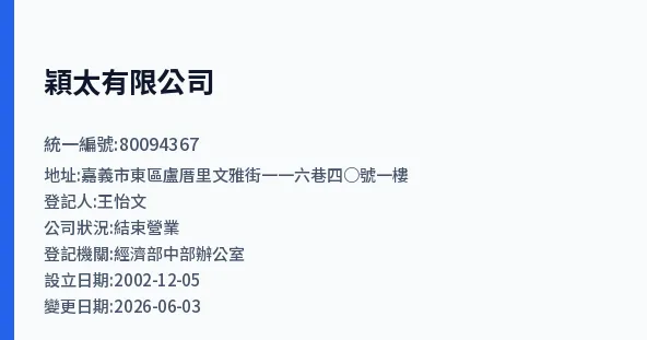 穎太有限公司的照片-統編 80094367(嘉義市) 公司登記資料與營業項目詳細圖表