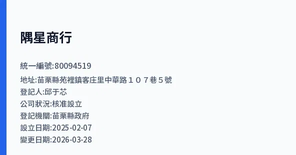 隅星商行的照片-統編 80094519(苗栗縣) 公司登記資料與營業項目詳細圖表