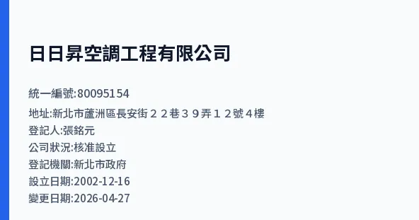 日日昇空調工程有限公司的照片-統編 80095154(新北市) 公司登記資料與營業項目詳細圖表