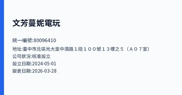 文芳蔓妮電玩的照片-統編 80096410(臺中市) 公司登記資料與營業項目詳細圖表