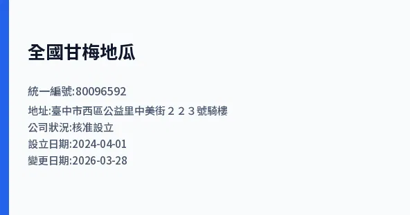 全國甘梅地瓜的照片-統編 80096592(臺中市) 公司登記資料與營業項目詳細圖表