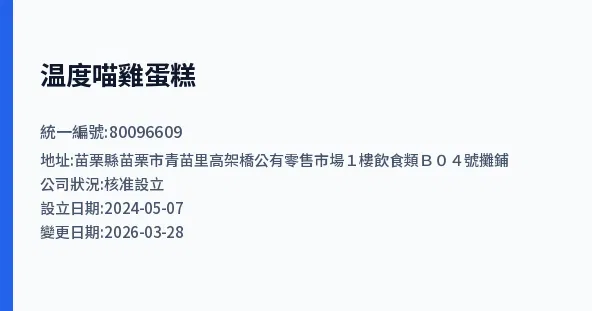 温度喵雞蛋糕的照片-統編 80096609(苗栗縣) 公司登記資料與營業項目詳細圖表