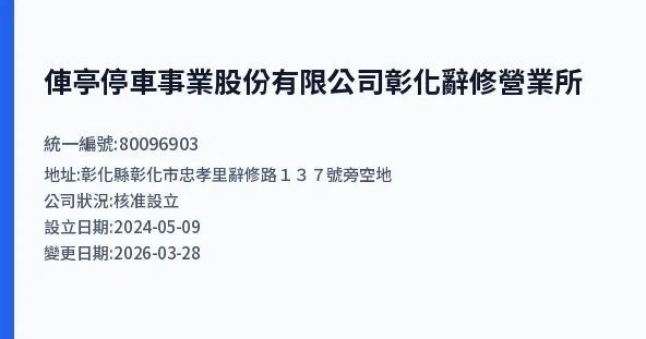 俥亭停車事業股份有限公司彰化辭修營業所的照片-統編 80096903(彰化縣) 公司登記資料與營業項目詳細圖表