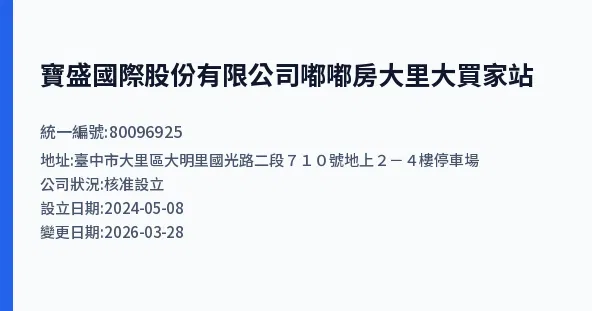 寶盛國際股份有限公司嘟嘟房大里大買家站的照片-統編 80096925(臺中市) 公司登記資料與營業項目詳細圖表