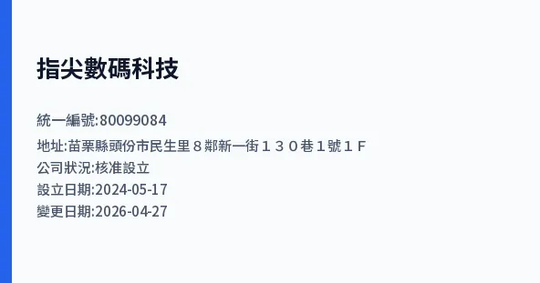 指尖數碼科技的照片-統編 80099084(苗栗縣) 公司登記資料與營業項目詳細圖表