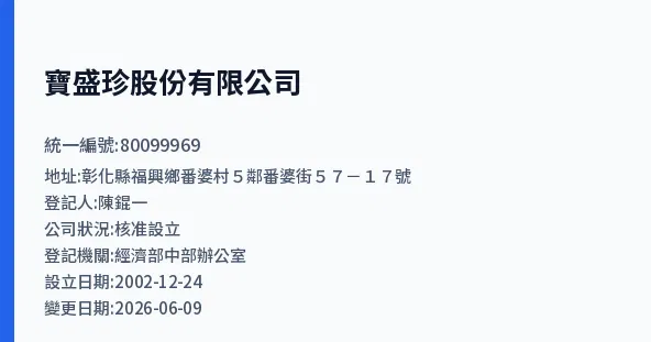 寶盛珍股份有限公司的照片-統編 80099969(彰化縣) 公司登記資料與營業項目詳細圖表