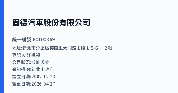 固德汽車股份有限公司的照片-統編 80100369(新北市) 公司登記資料與營業項目詳細圖表