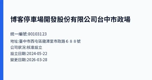 博客停車場開發股份有限公司台中市政場的照片-統編 80103123(臺中市) 公司登記資料與營業項目詳細圖表