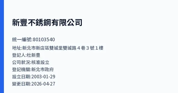 新豐不銹鋼有限公司的照片-統編 80103540(新北市) 公司登記資料與營業項目詳細圖表