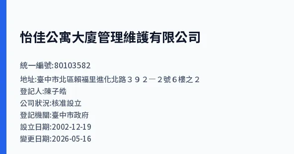 怡佳公寓大廈管理維護有限公司的照片-統編 80103582(臺中市) 公司登記資料與營業項目詳細圖表