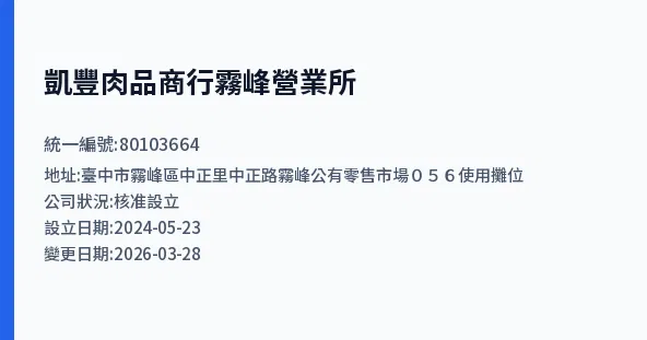 凱豐肉品商行霧峰營業所的照片-統編 80103664(臺中市) 公司登記資料與營業項目詳細圖表