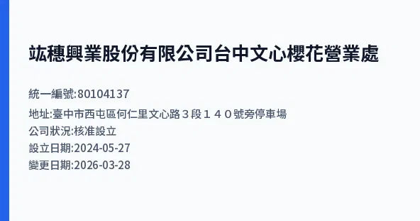 竑穗興業股份有限公司台中文心櫻花營業處的照片-統編 80104137(臺中市) 公司登記資料與營業項目詳細圖表