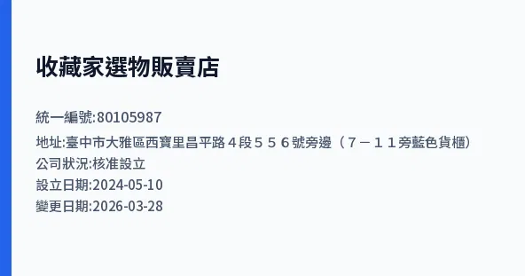 收藏家選物販賣店的照片-統編 80105987(臺中市) 公司登記資料與營業項目詳細圖表