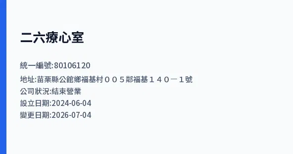 二六療心室的照片-統編 80106120(苗栗縣) 公司登記資料與營業項目詳細圖表