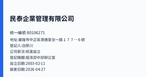 民泰企業管理有限公司的照片-統編 80106271(基隆市) 公司登記資料與營業項目詳細圖表