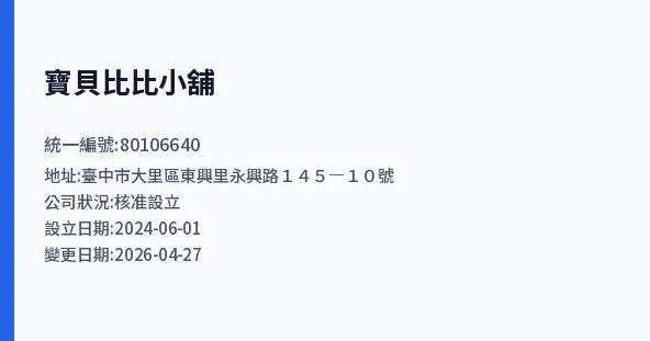寶貝比比小舖的照片-統編 80106640(臺中市) 公司登記資料與營業項目詳細圖表