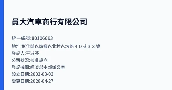 員大汽車商行有限公司的照片-統編 80106693(彰化縣) 公司登記資料與營業項目詳細圖表