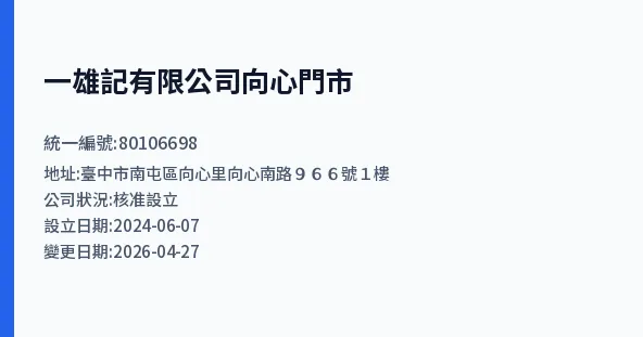 一雄記有限公司向心門市的照片-統編 80106698(臺中市) 公司登記資料與營業項目詳細圖表