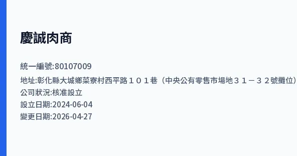 慶誠肉商的照片-統編 80107009(彰化縣) 公司登記資料與營業項目詳細圖表