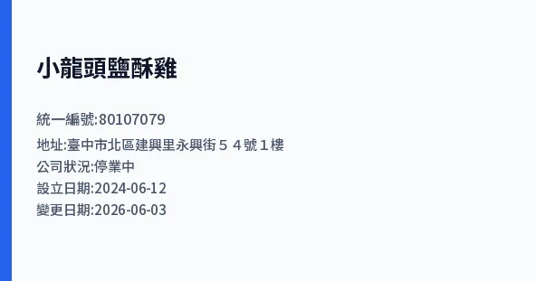 小龍頭鹽酥雞的照片-統編 80107079(臺中市) 公司登記資料與營業項目詳細圖表
