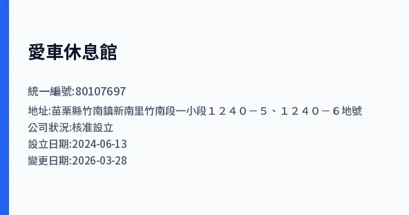 愛車休息館的照片-統編 80107697(苗栗縣) 公司登記資料與營業項目詳細圖表