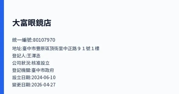 大富眼鏡店的照片-統編 80107970(臺中市) 公司登記資料與營業項目詳細圖表
