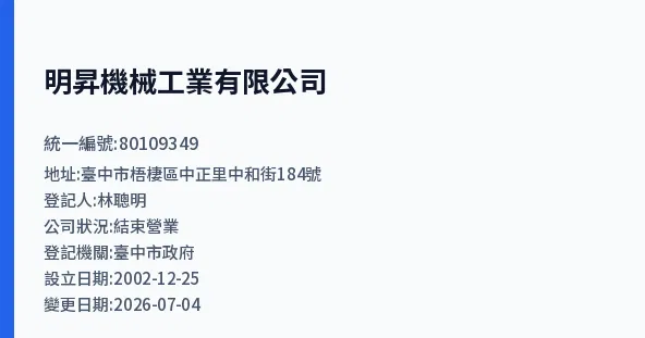 明昇機械工業有限公司的照片-統編 80109349(臺中市) 公司登記資料與營業項目詳細圖表