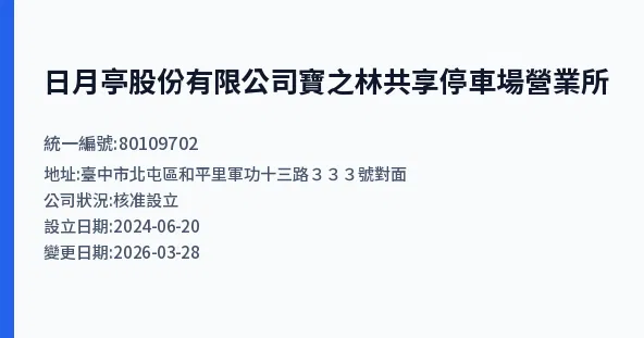 日月亭股份有限公司寶之林共享停車場營業所的照片-統編 80109702(臺中市) 公司登記資料與營業項目詳細圖表