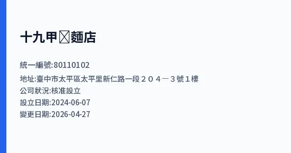 十九甲焿麵店的照片-統編 80110102(臺中市) 公司登記資料與營業項目詳細圖表