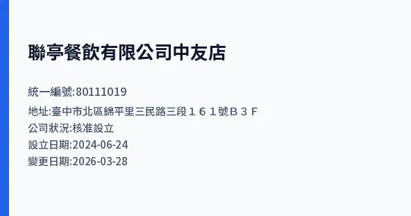 聯亭餐飲有限公司中友店的照片-統編 80111019(臺中市) 公司登記資料與營業項目詳細圖表