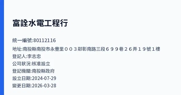 富詮水電工程行的照片-統編 80112116(南投縣) 公司登記資料與營業項目詳細圖表