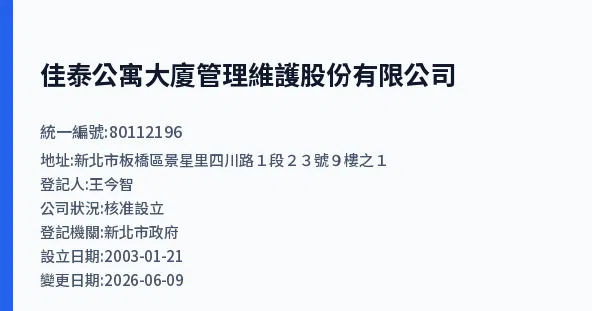 佳泰公寓大廈管理維護股份有限公司的照片-統編 80112196(新北市) 公司登記資料與營業項目詳細圖表