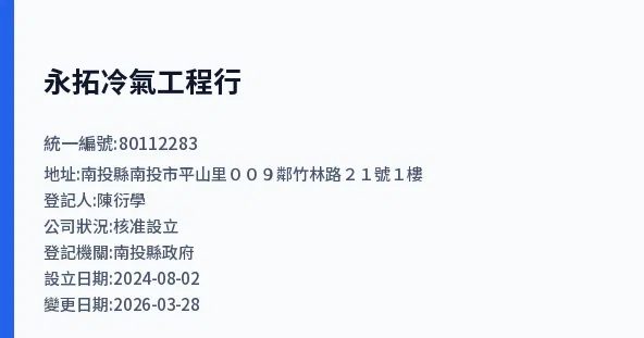 永拓冷氣工程行的照片-統編 80112283(南投縣) 公司登記資料與營業項目詳細圖表