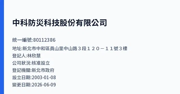 中科防災科技股份有限公司的照片-統編 80112386(新北市) 公司登記資料與營業項目詳細圖表