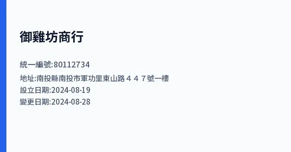 御雞坊商行的照片-統編 80112734(南投縣) 公司登記資料與營業項目詳細圖表
